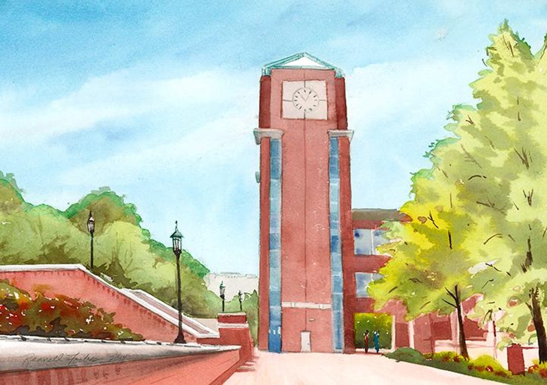 UNC Charlotte Clock Tower Original Watercolor, University of North ...