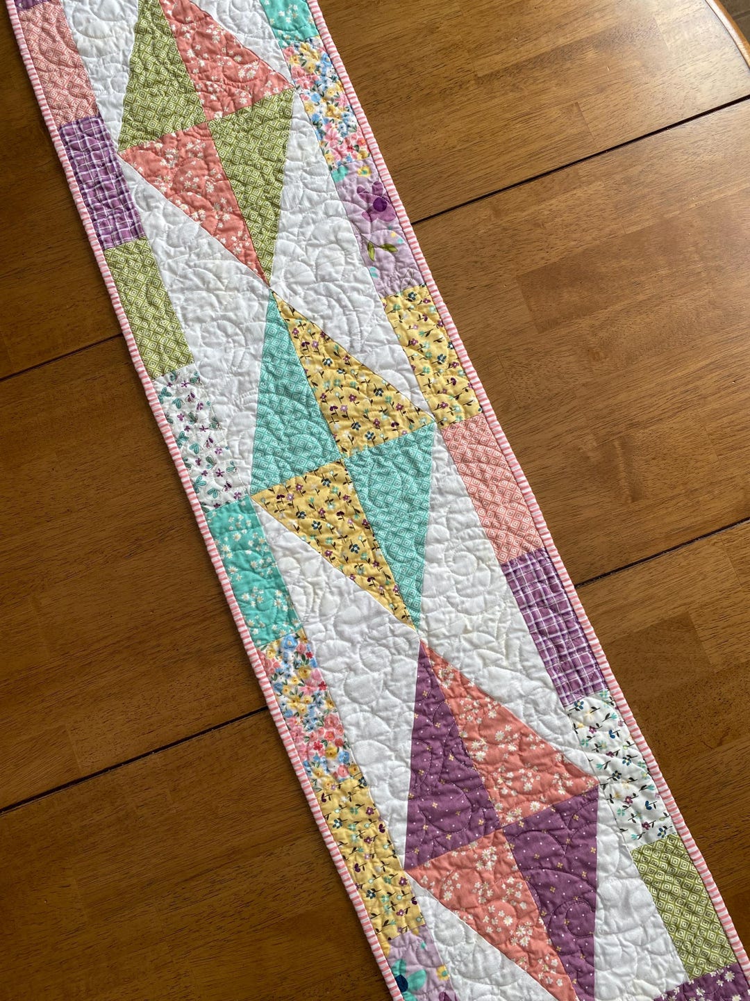 Handmade Quilted Table Runner: Pastel Diamond Design, Floral Quilting ...