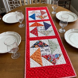 Quilted Red Table Runner in Classic Color Scheme of Red, Blue, Orange, & White Floral Fabrics ...