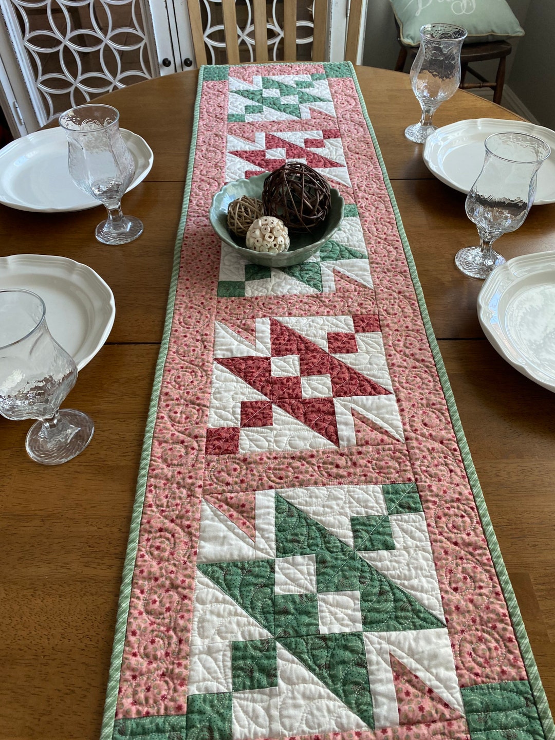 Quilted Spring Table Runner in Pink & Green Designer Fabrics, Pastel ...