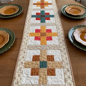 Modern Quilted Table Runner With Tan Orange Cream Green Blocks, Earth ...