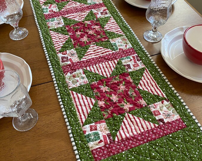 Handmade Christmas Table Runner of Green, Red and White, Quilted ...
