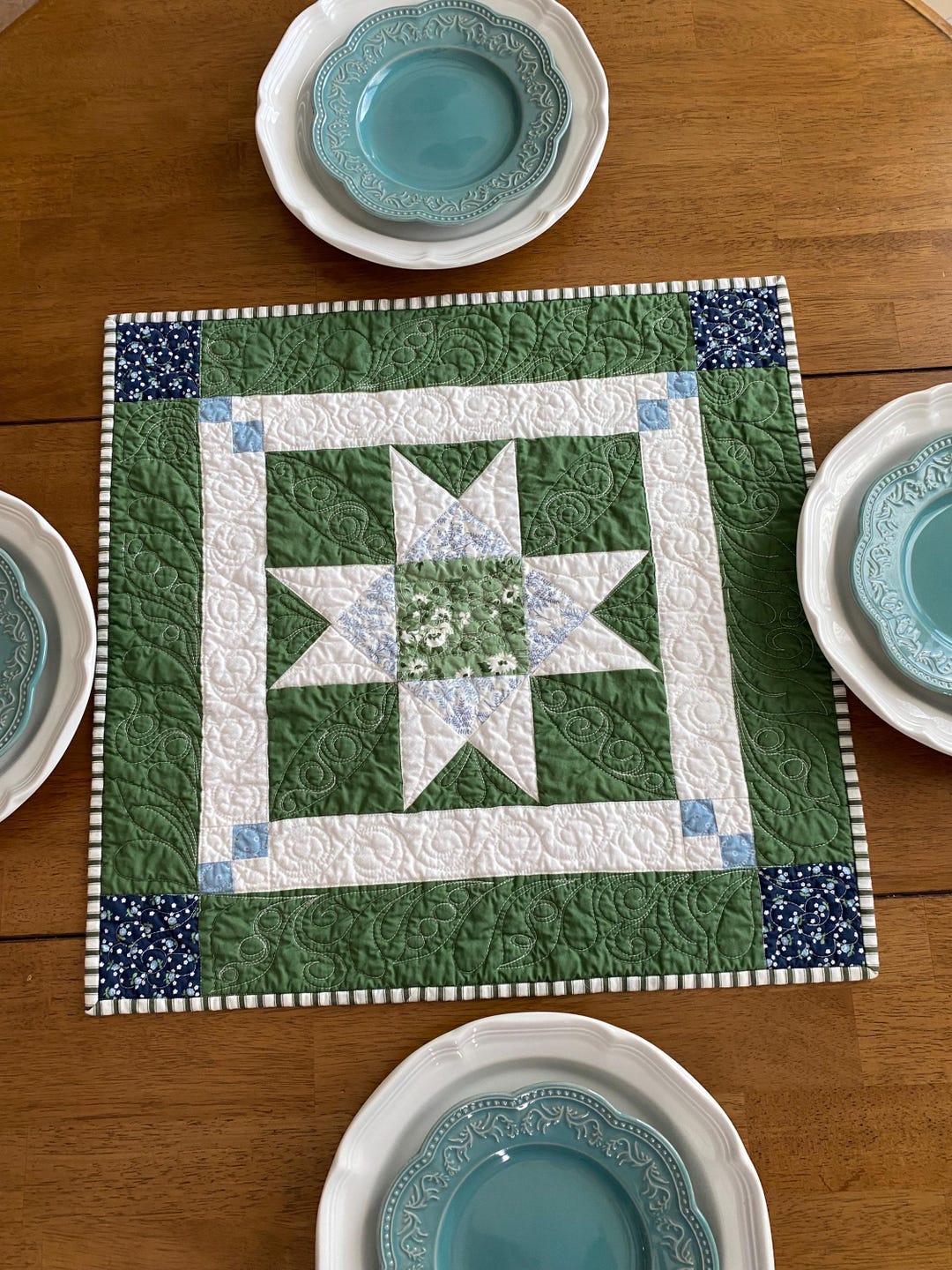 Quilted Handmade Green Cream Navy Star Table Square,green Table Topper ...