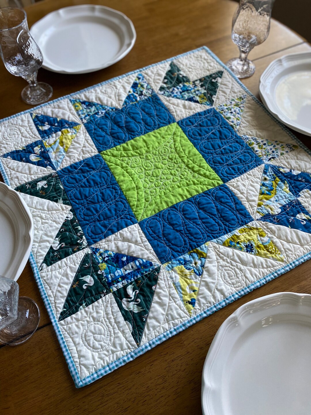 Quilted Topper W/floral Fabrics in Green, Teal, Cream, Quilted Table ...