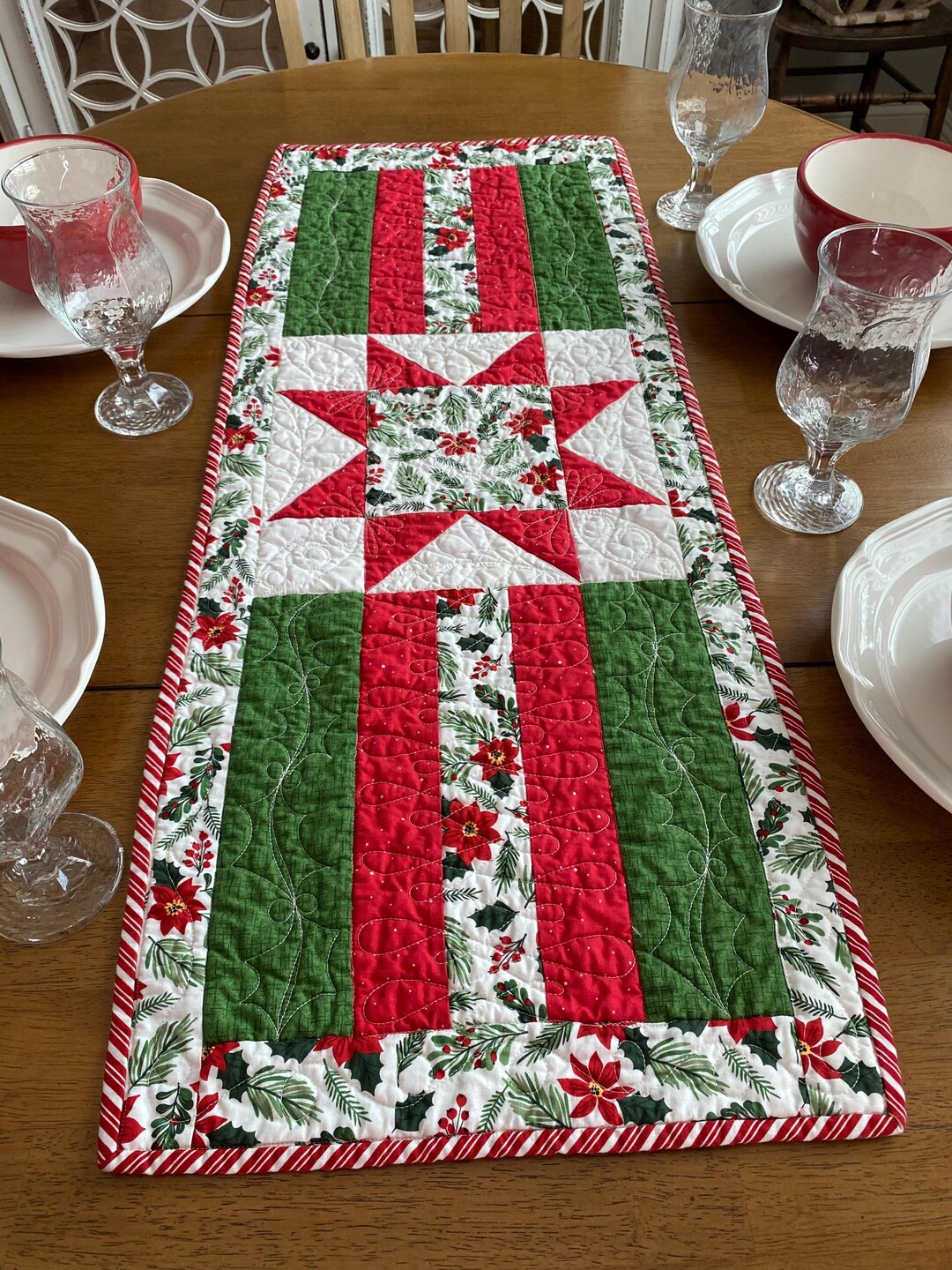 Handmade Christmas Table Runner of Green, Red and White, Quilted ...