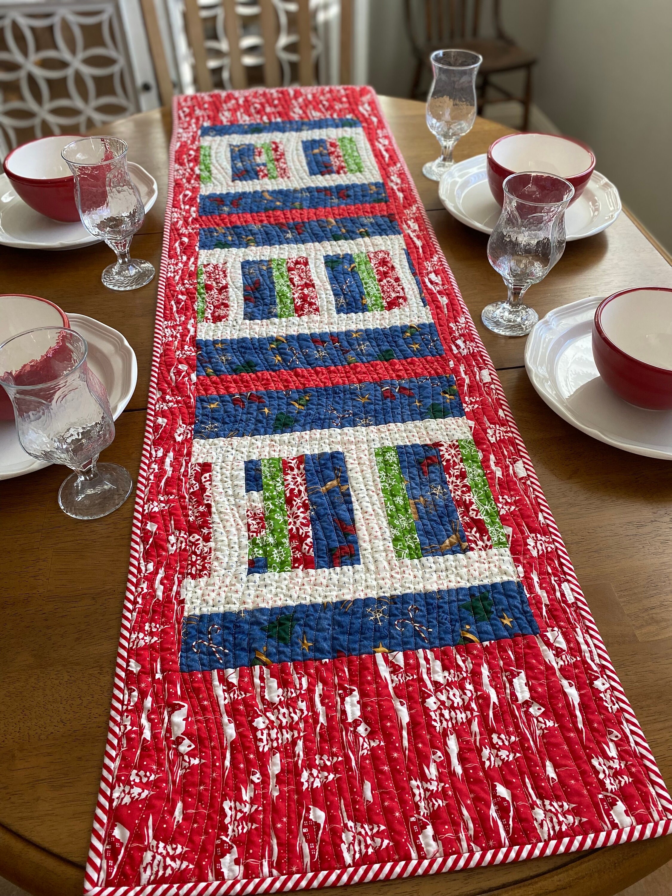 Long Quilted Christmas Table Runner of Red Blue & White,quilted Holiday ...