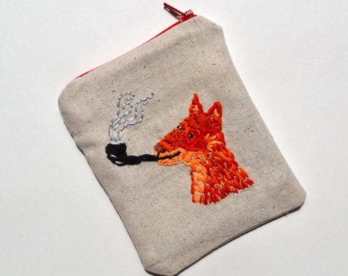 Hand Embroidered Zipper Linen Pouch Smoking Fox Coin Purse - Etsy