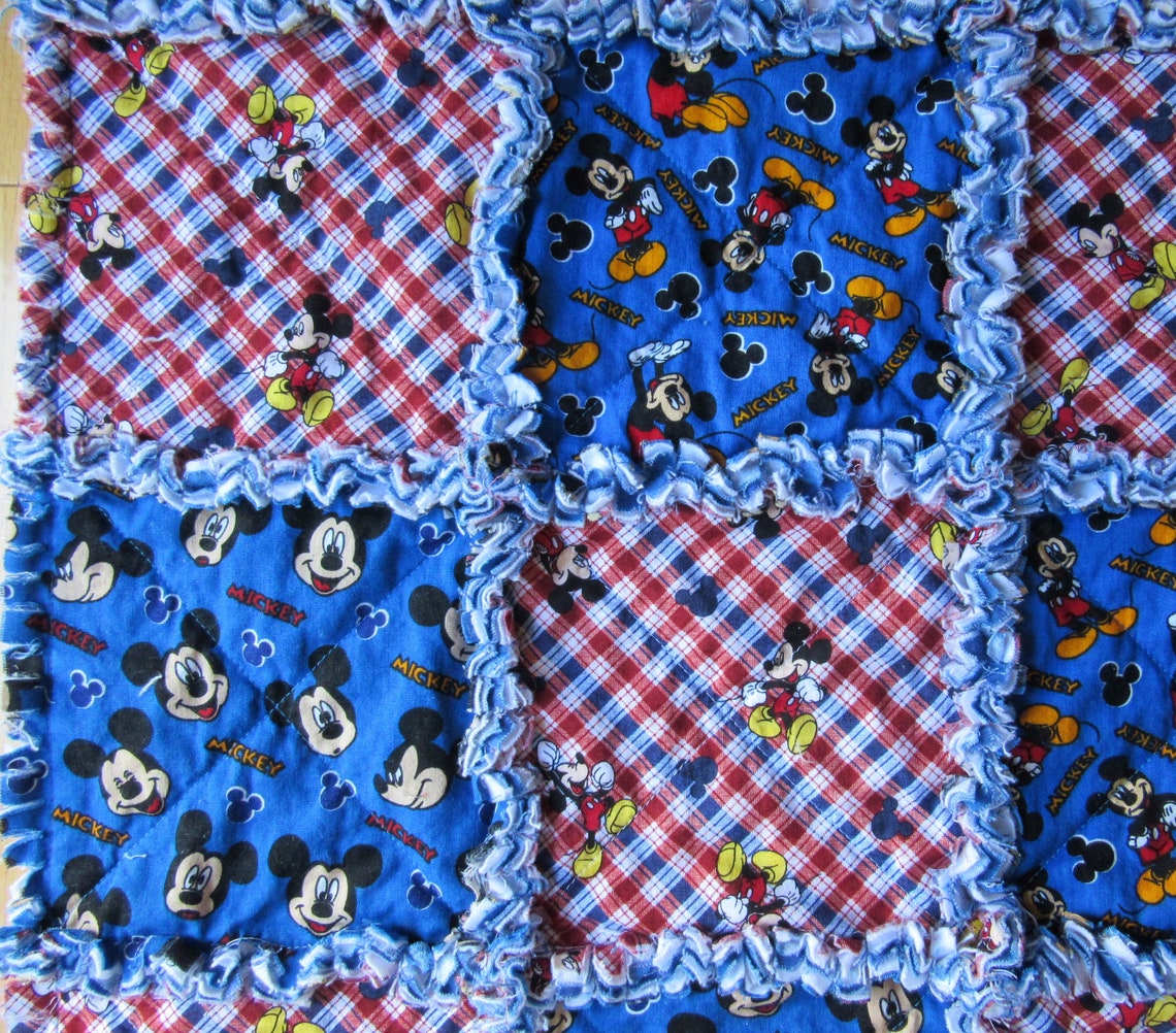 Disney MICKEY MOUSE Fabric Baby Rag Quilt Blanket Blue & Red | Etsy