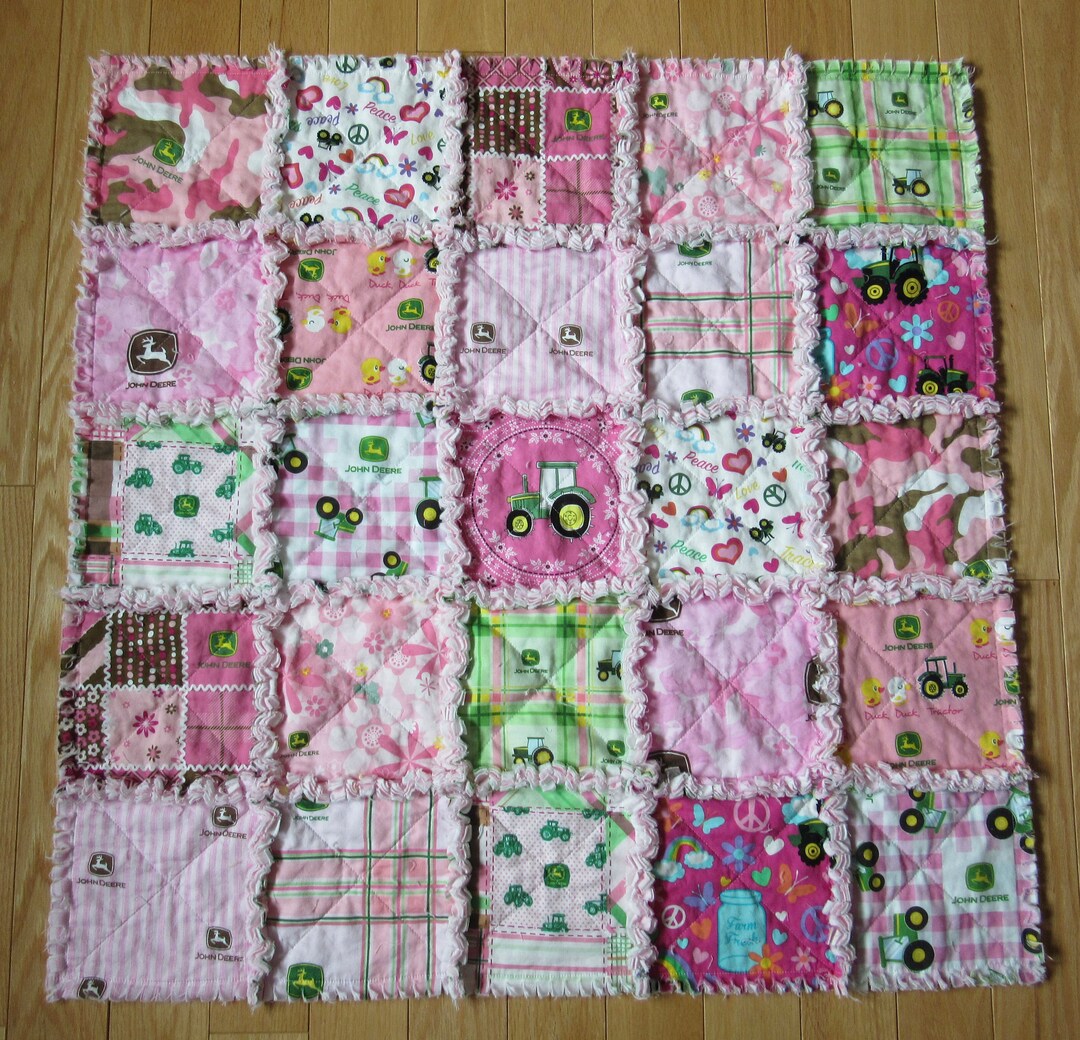 JOHN DEERE Rag Quilt Pink 13 Different Fabrics Baby Girl Blanket Farm ...