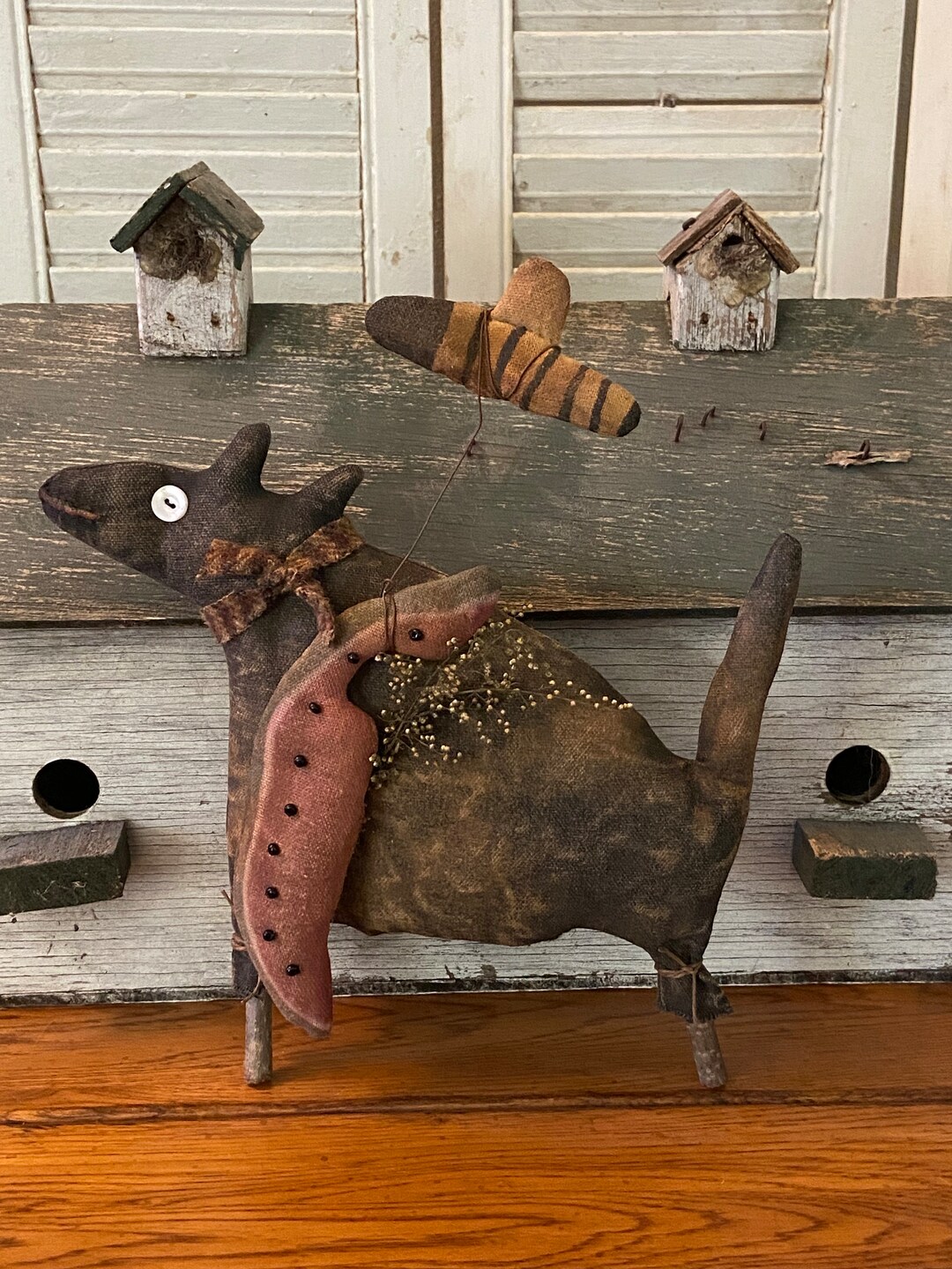 Primitive Grungy Folk Artsummertime Pup W/watermelon & Bee Doll ...