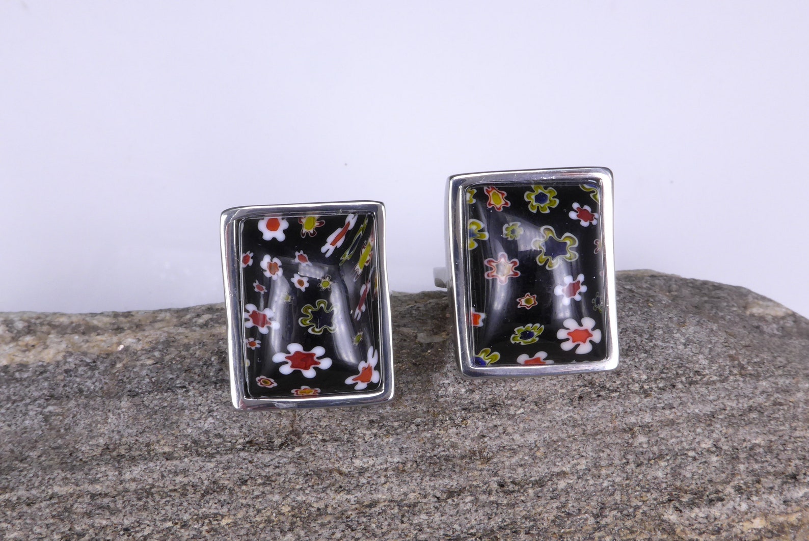 Black Murano Ring, Stainless Steel Rings, Millefiori Glass Jewelry ...