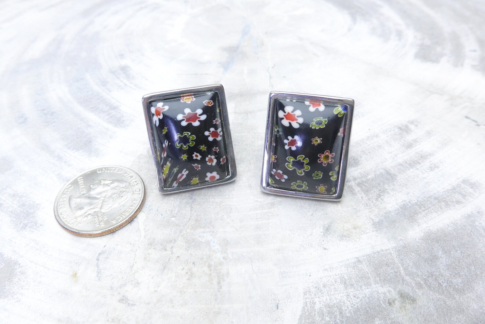 Black Murano Ring, Stainless Steel Rings, Millefiori Glass Jewelry ...