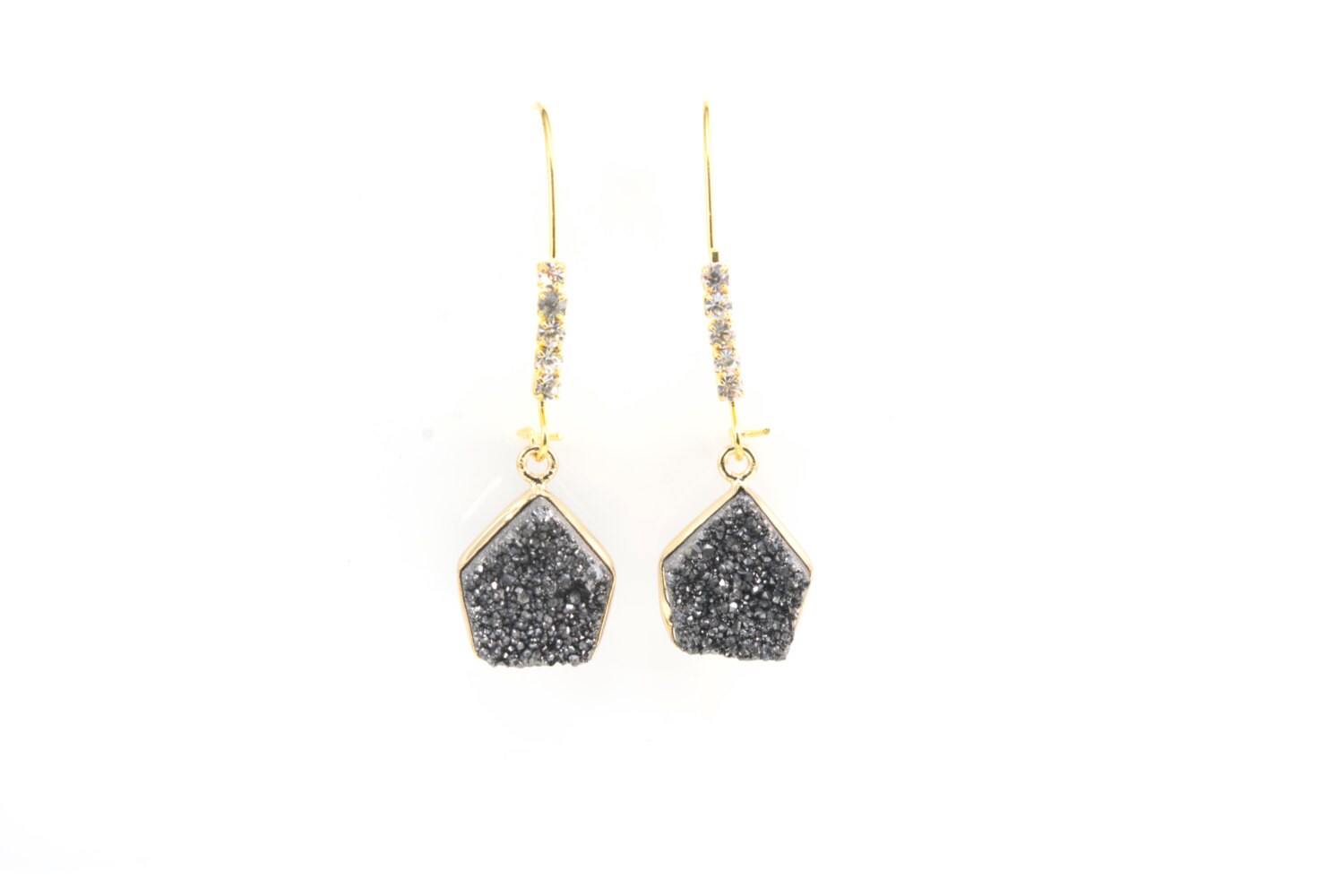 Black Druzy Quartz Gemstone Earrings Drusy Geode Metallic Jewelry ...