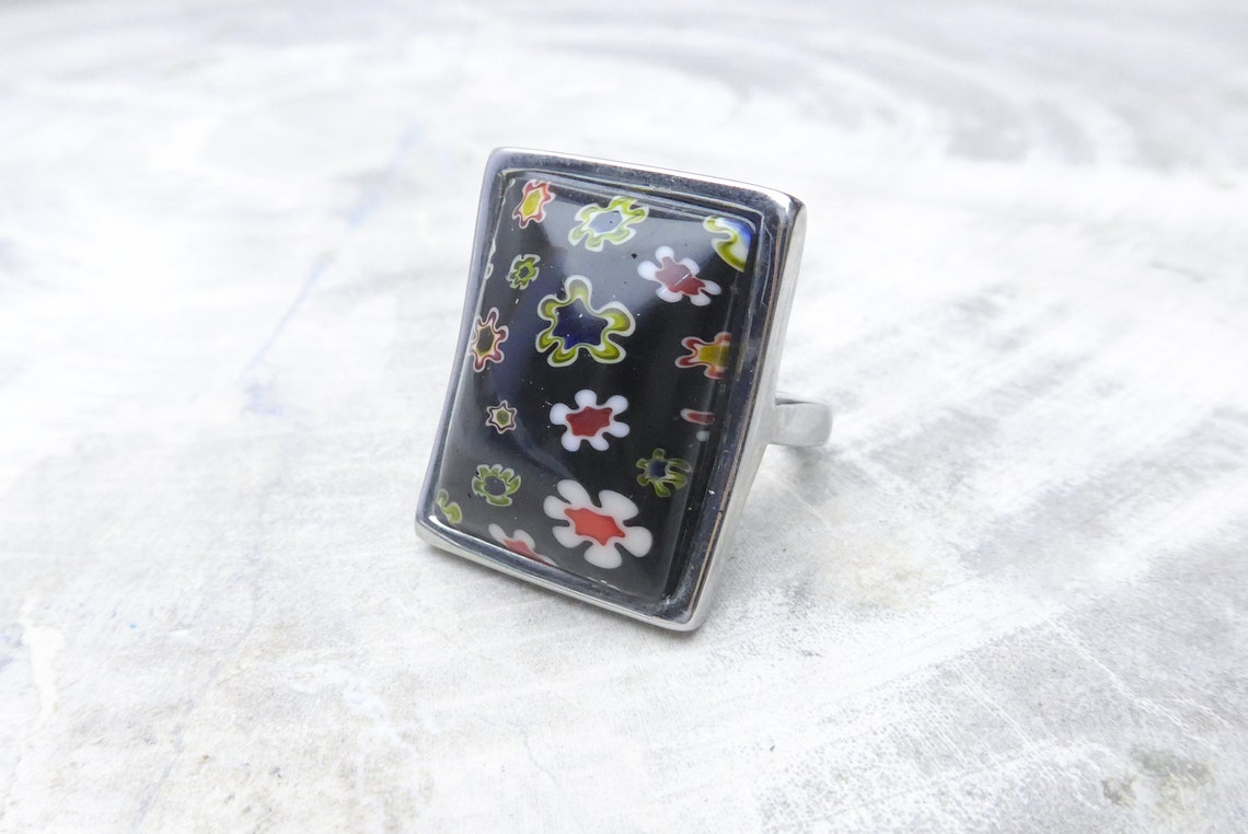 Black Murano Ring, Stainless Steel Rings, Millefiori Glass Jewelry ...