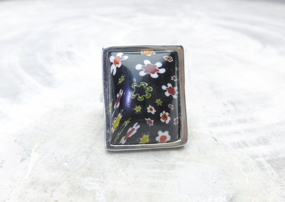 Black Murano Ring, Stainless Steel Rings, Millefiori Glass Jewelry ...