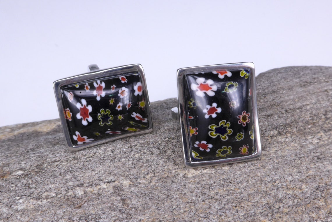 Black Murano Ring, Stainless Steel Rings, Millefiori Glass Jewelry ...