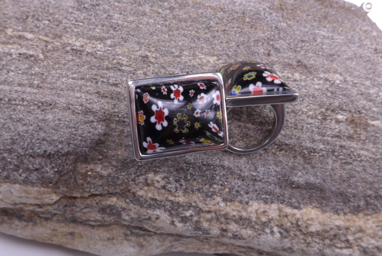 Black Murano Ring, Stainless Steel Rings, Millefiori Glass Jewelry ...