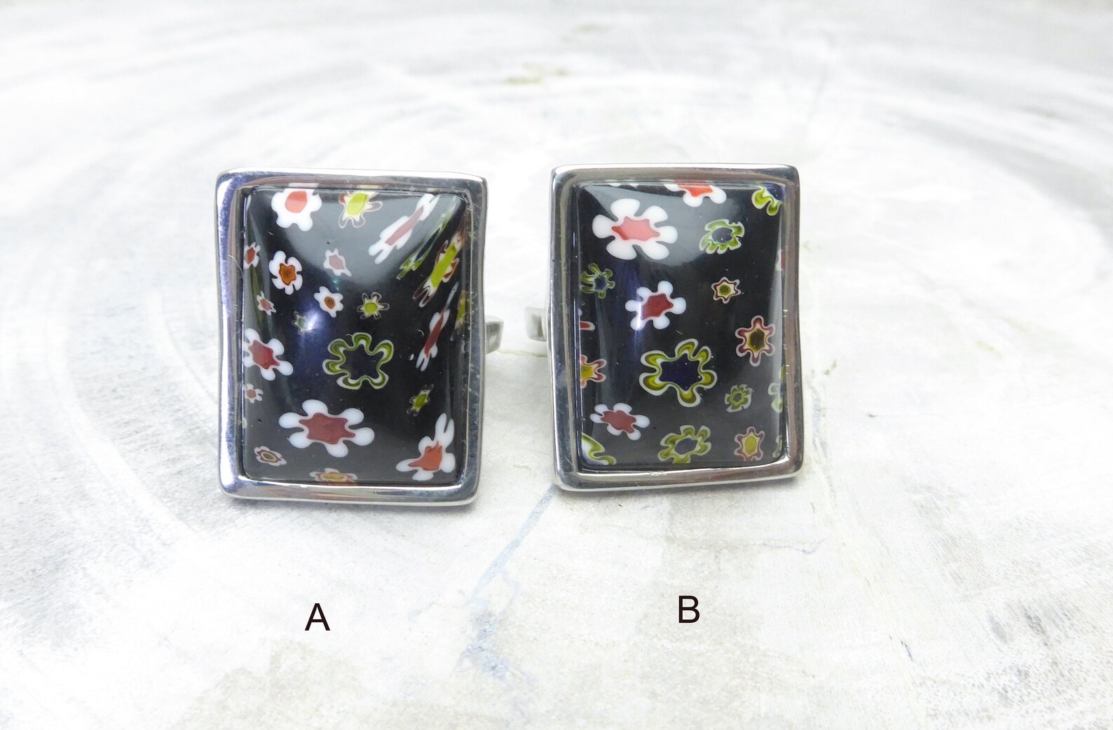 Black Murano Ring, Stainless Steel Rings, Millefiori Glass Jewelry ...