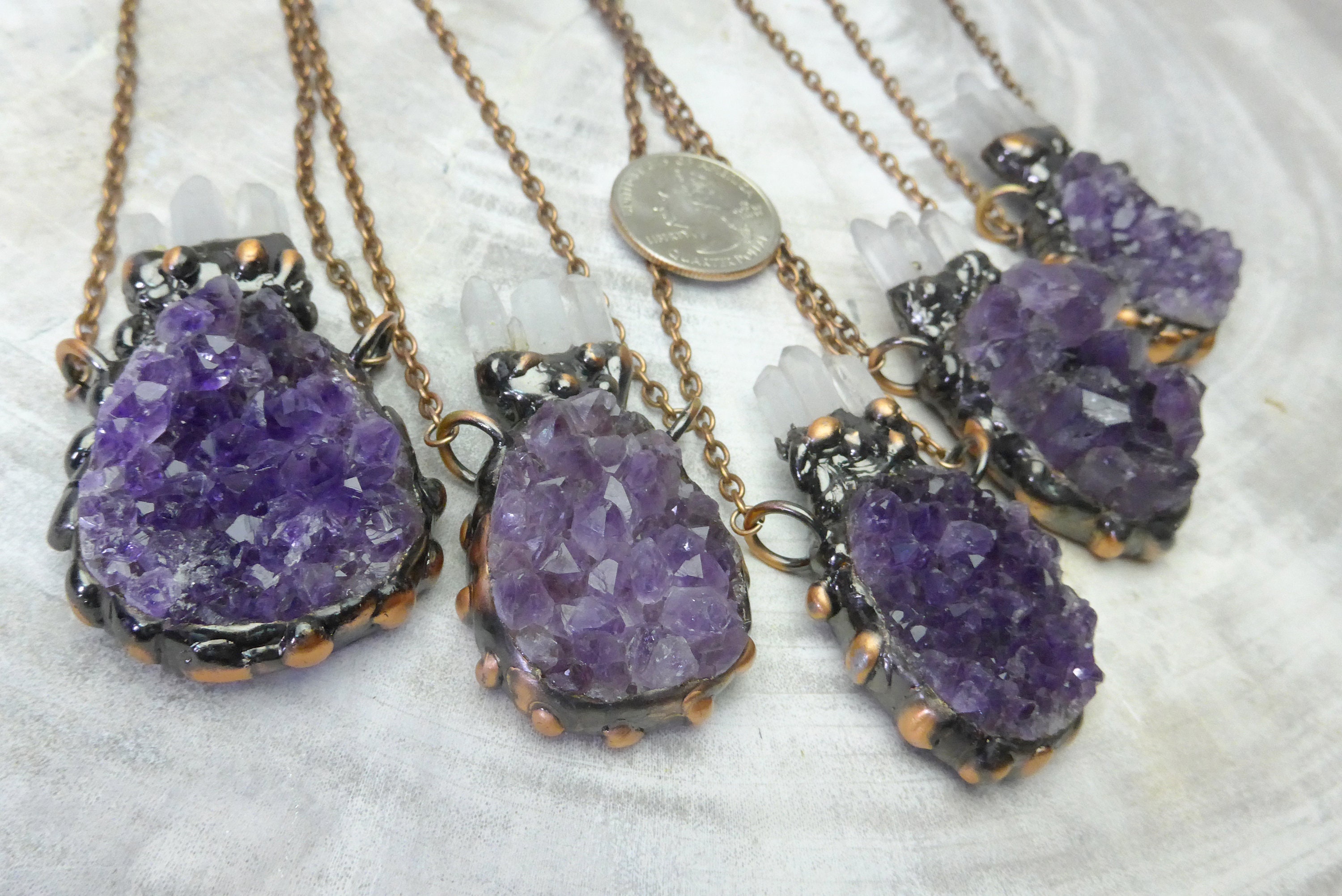 Purple Amethyst Druzy Quartz Pendant, Clear Crystal Points Necklace ...