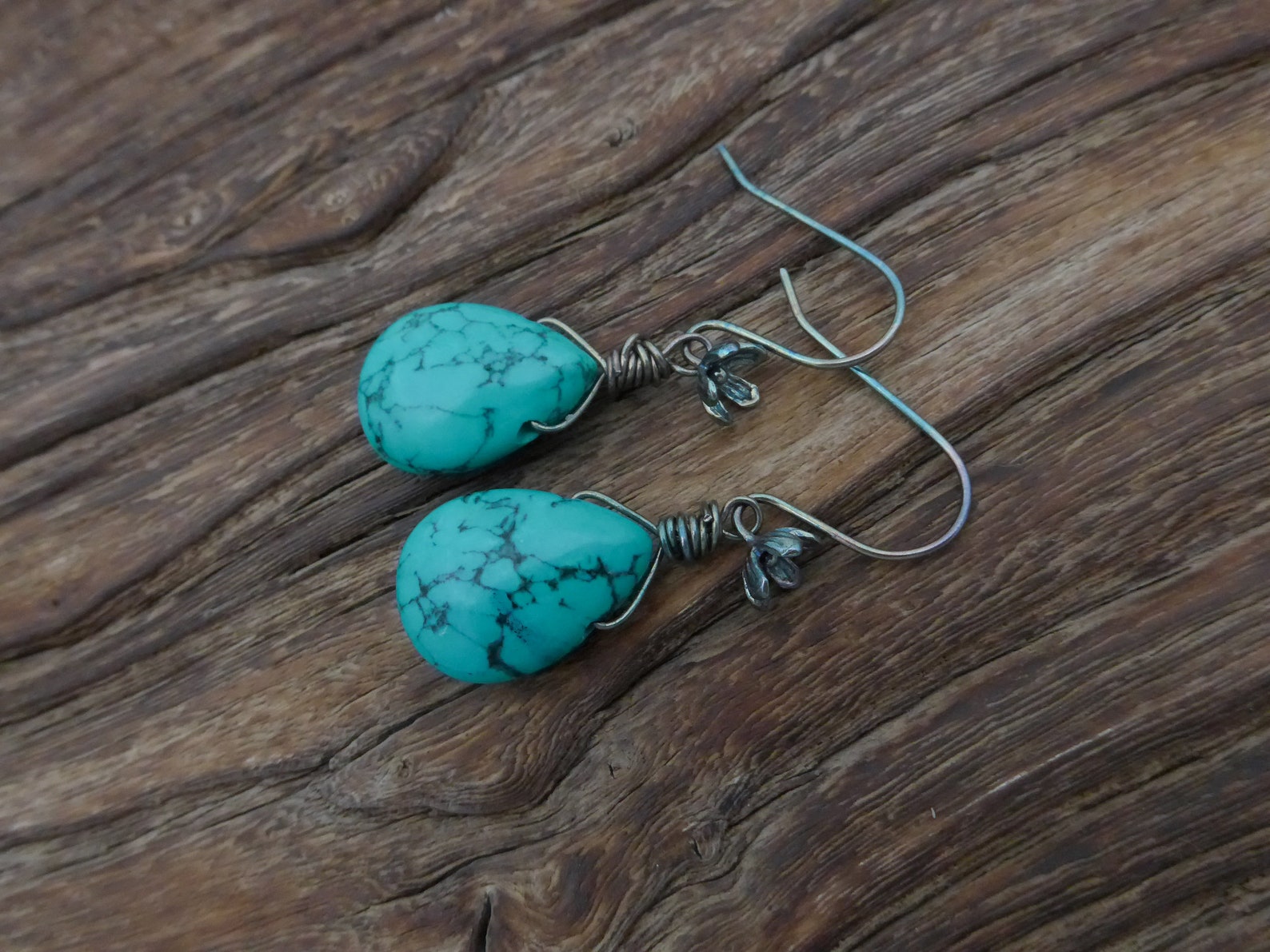Blue Green Turquoise Teardrop Earrings Wirewrapped - Etsy