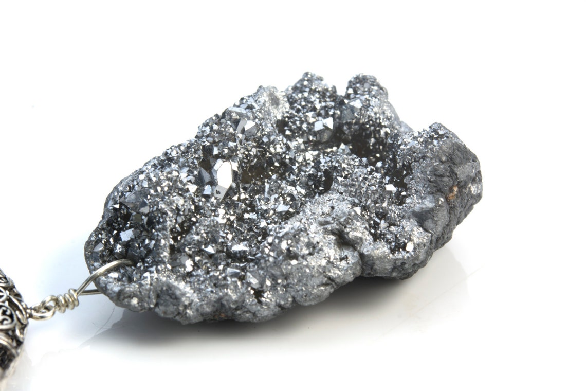 Grey Druzy Geode Quartz Pendant Necklace Raw Quartz Jewelry - Etsy