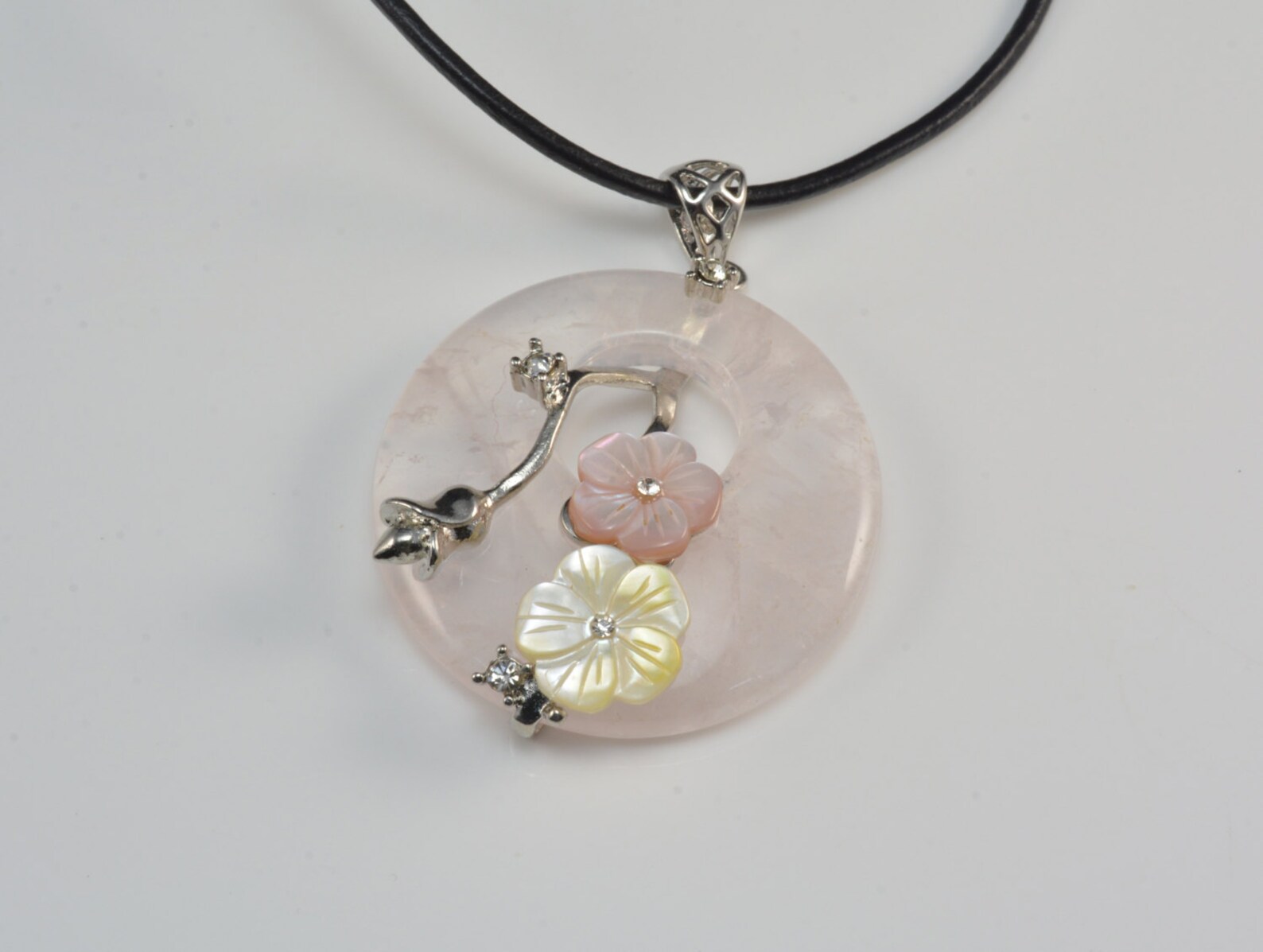 Rose Quartz Pendant, Carved Pink and Yellow MOP Flower Pendant, Pink ...