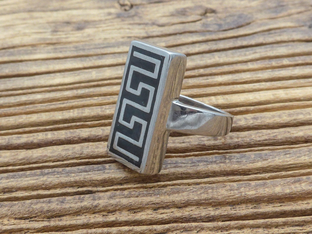 Stainless Steel Ring, Long Rectangle Men's Ring, Black and Silver Ring ...