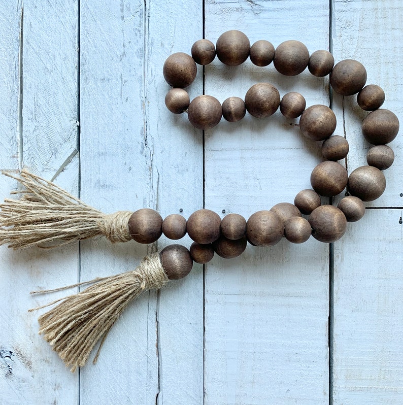 Farmhouse Decor, Wood Bead Garland With Tassels, Bead Garland, Wood ...