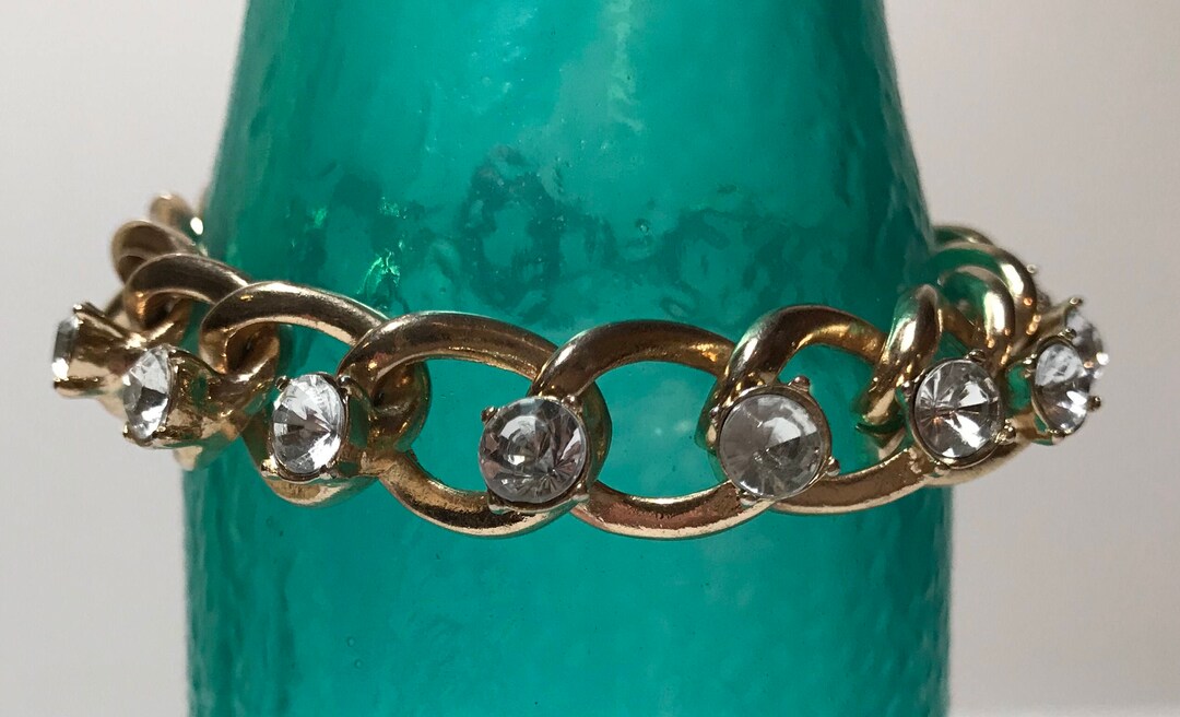 Vintage Chain Link and White Rhinestone Gold Tone Bracelet - Etsy