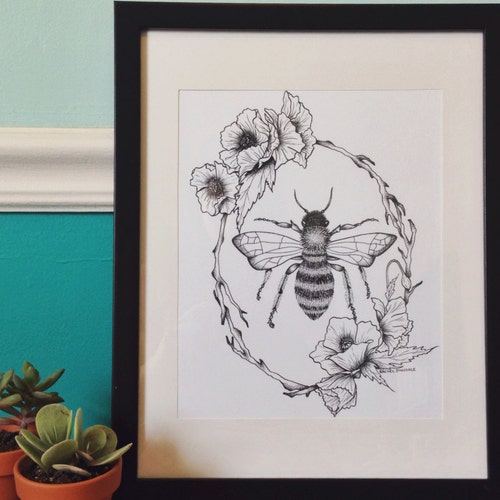 Bee in Floral Frame Art Print - Etsy