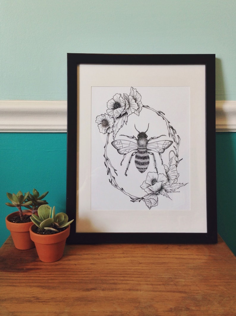 Bee in Floral Frame Art Print - Etsy