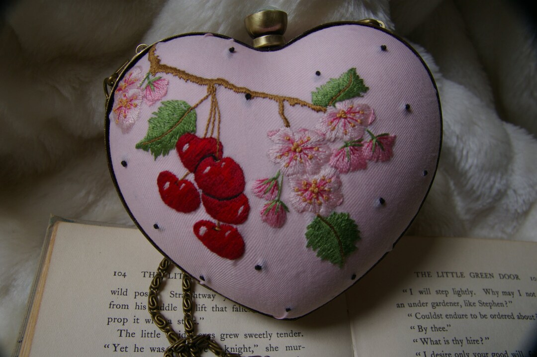 Hand Embroidery Pattern Purse Heart Shape Cherries Blossoms Hand ...