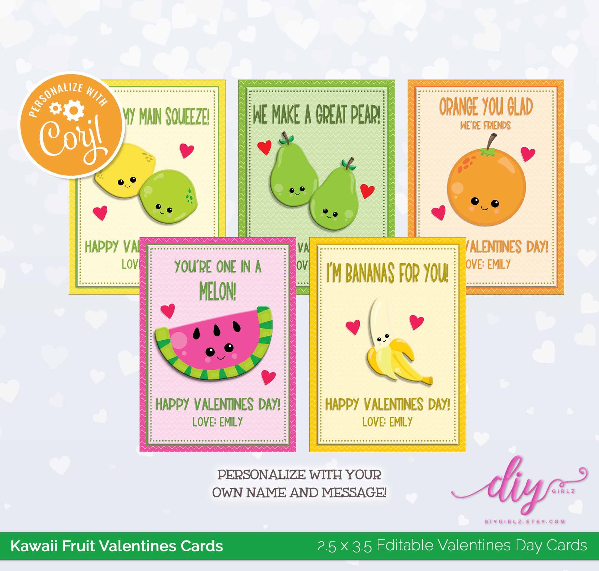 INSTANT DOWNLOAD Kawaii Fruits Valentine's Day Cards Editable Download ...