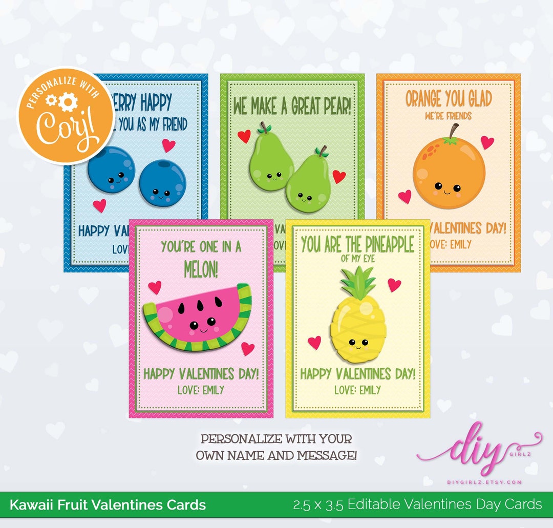 INSTANT DOWNLOAD Kawaii Fruits Valentine's Day Cards Editable Download ...