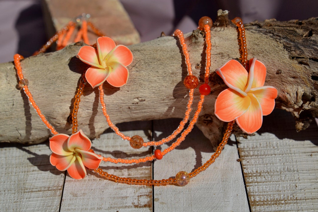 A Piece of Hawaii, Longer Plumeria Triple Strand Necklace in Orange ...