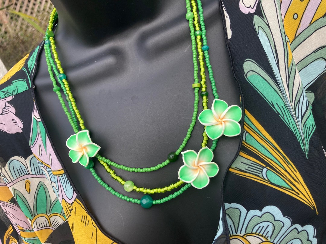 A Piece of Hawaii Plumeria, Triple Strand Necklace in Gorgeous Greens ...