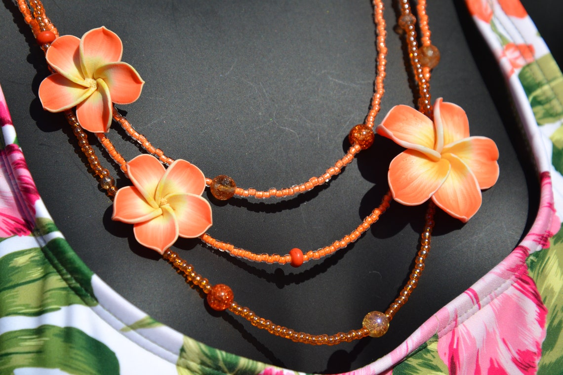 A Piece of Hawaii, Longer Plumeria Triple Strand Necklace in Orange ...
