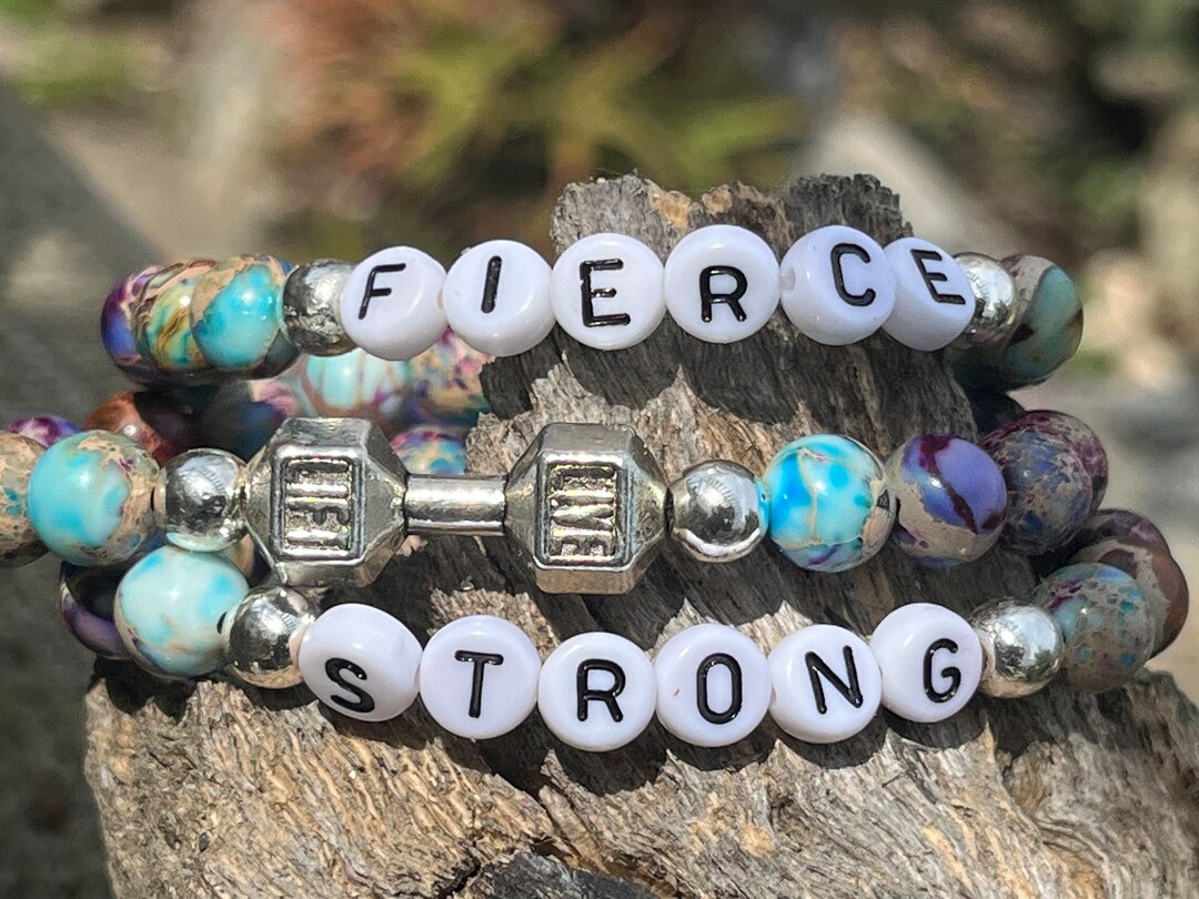 Set of 3 Beaded Bracelets, Gemstone and Silver, Fierce, Strong, Barbell ...