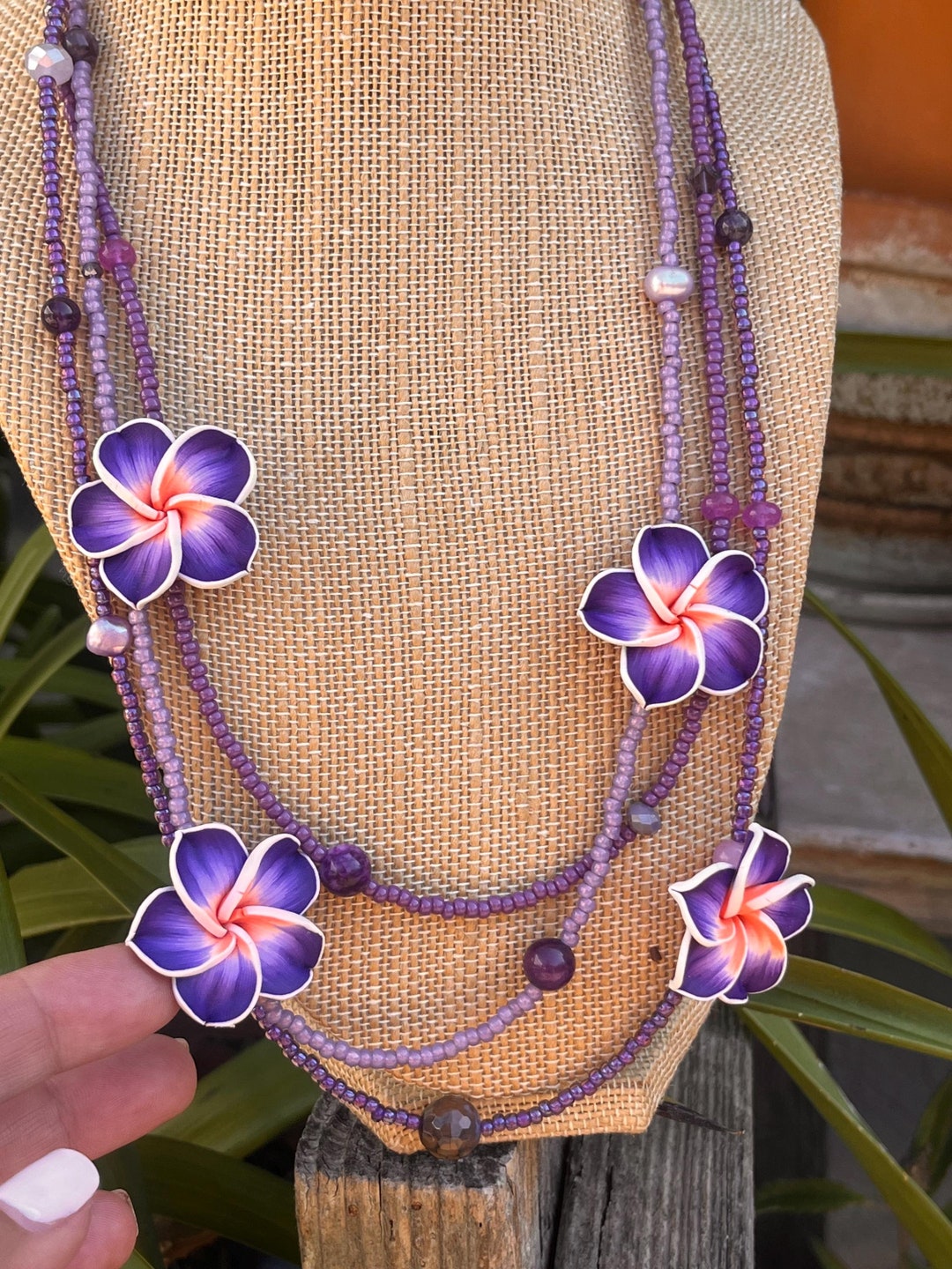 A Piece of Hawaii, Plumeria Triple Strand Necklace in Purple, Purple ...