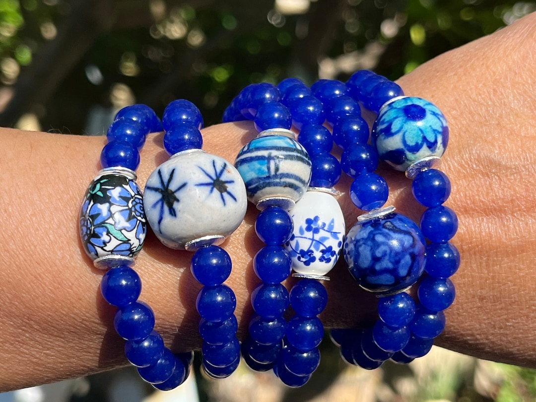 Dainty, Blue Beaded Bracelet With Ceramic Focal Bead, Dark Blue Beaded ...
