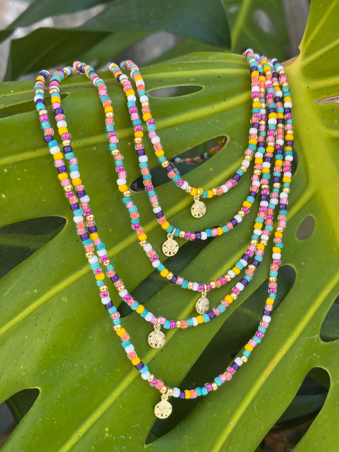 Dainty Colorful Seed Bead Necklace With Dainty Gold Plated Sand Dollar 8441