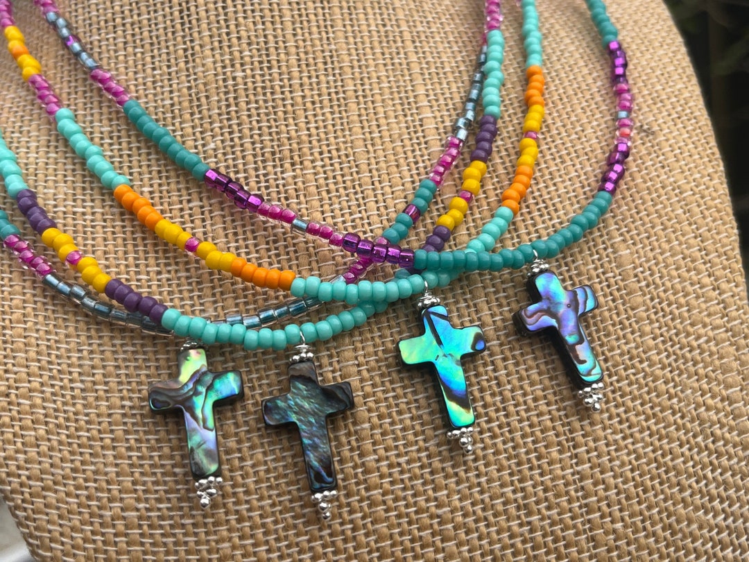 Dainty Beaded Necklace With Cross Pendant, Colorful Seed Bead Choker ...