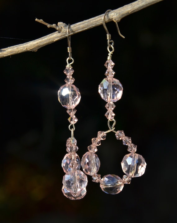 Elegant Long Dangling Soft Pink Variation Crystal Earrings | Etsy