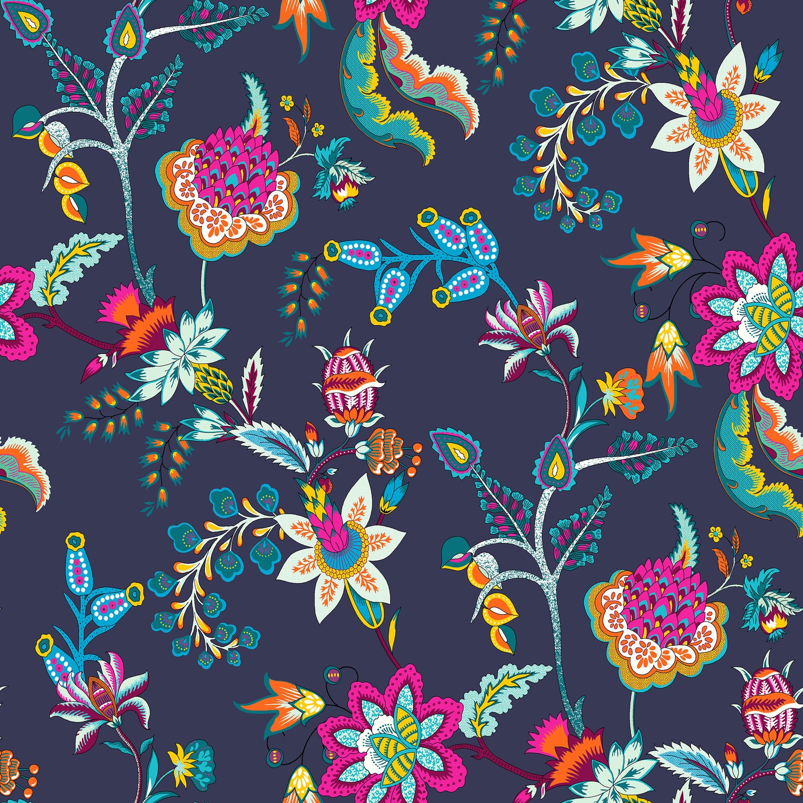 Bold Floral Wallpaper - Nature, Flowers, Teal, Hot Pink, Mustard Yellow ...