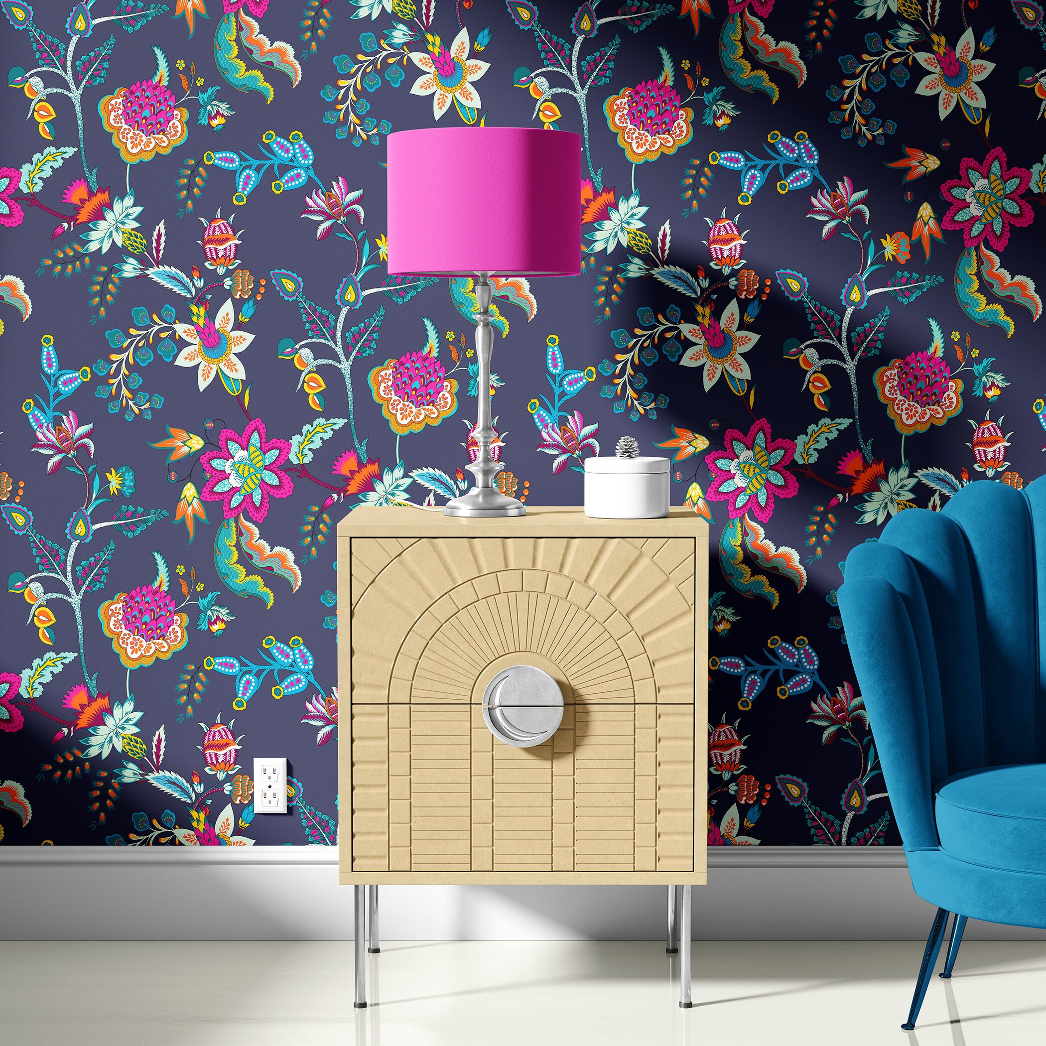 Bold Floral Wallpaper - Nature, Flowers, Teal, Hot Pink, Mustard Yellow ...