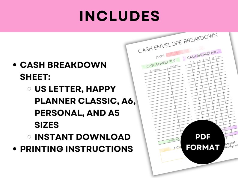 Printable Cash Envelope Breakdown Sheet Printable Cash Denomination ...