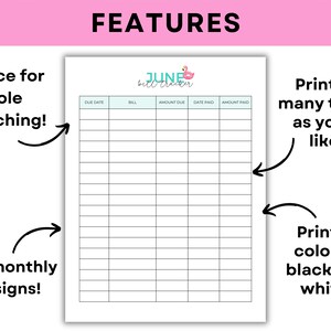 Printable Monthly Bill Tracker Printable Planner Inserts Printable Bill ...