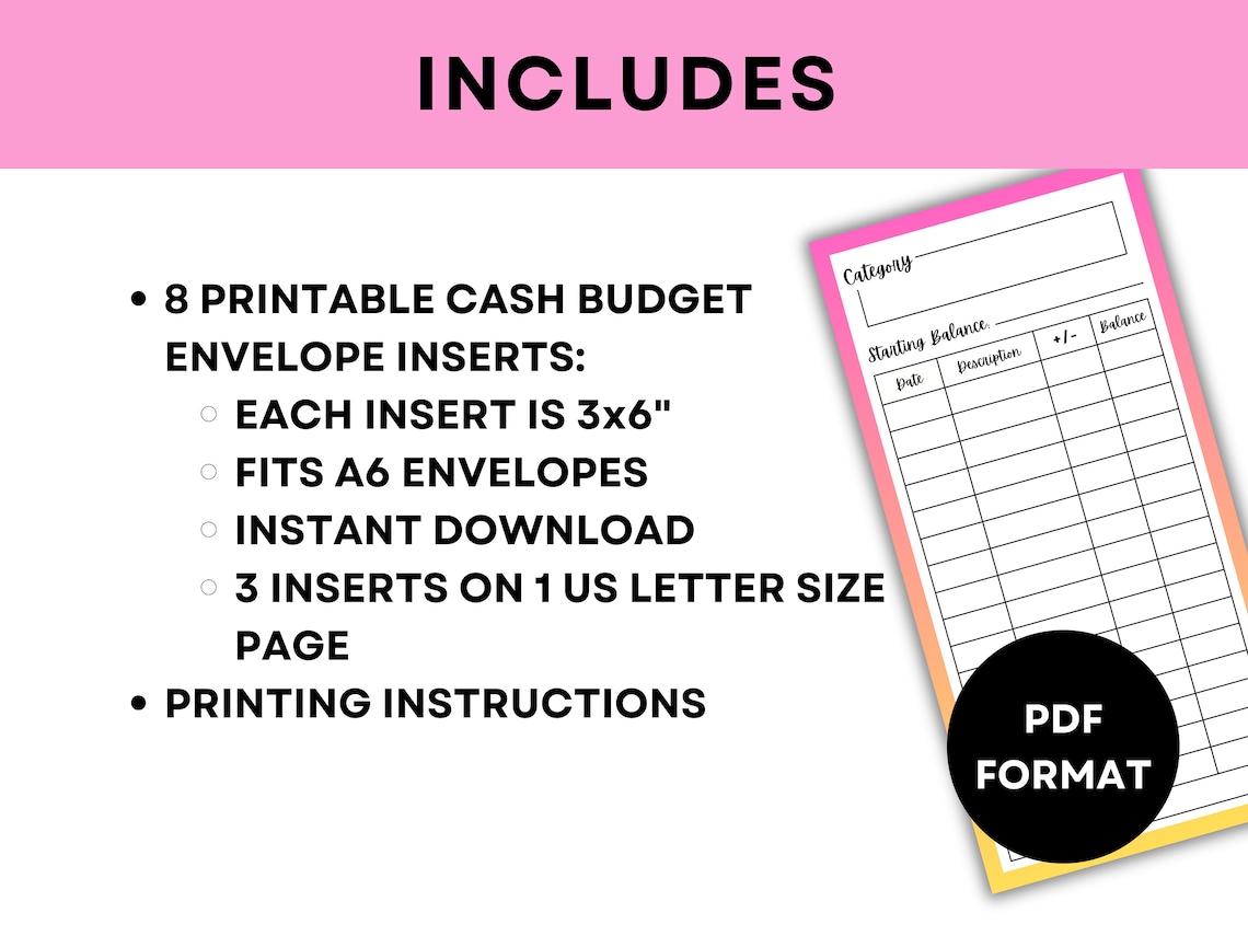 Cash Envelope Inserts Printable Cash Envelope Tracker Cash - Etsy