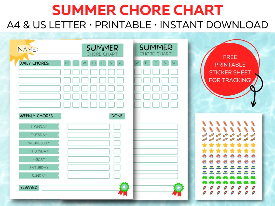 Summer Chore Chart Printable, Chore Chart, Kids Chore Chart, Blue Chore ...