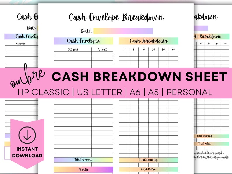 Printable Cash Envelope Breakdown Sheet Printable Cash Denomination ...